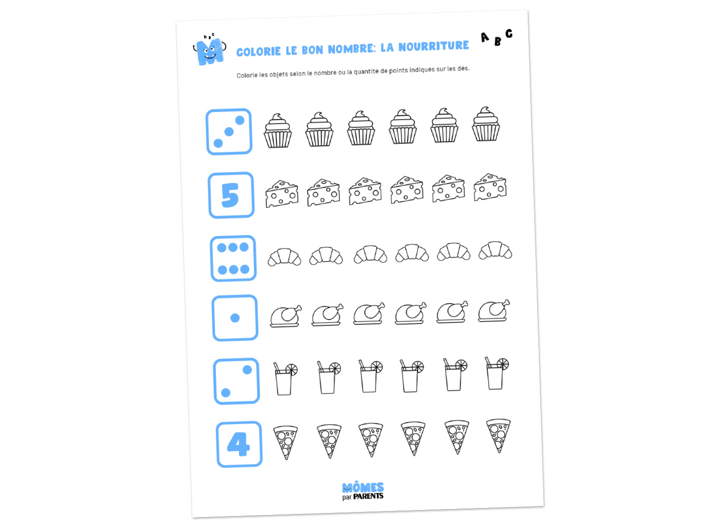 Fiche mathématique à imprimer : Colorie le bon nombre d'aliments | MOMES