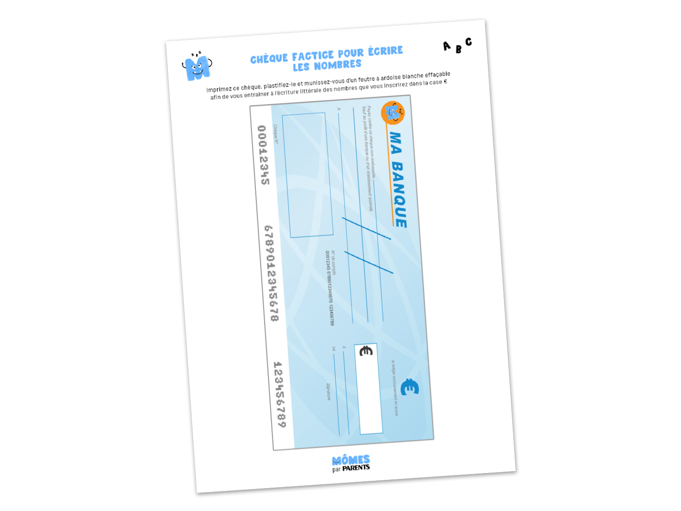 Faux chèque à imprimer pour apprendre l'écriture littérale des nombres ...