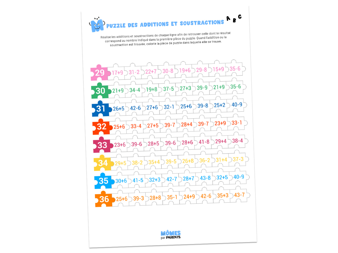 Fiche d'exercice additions et soustractions à imprimer | MOMES
