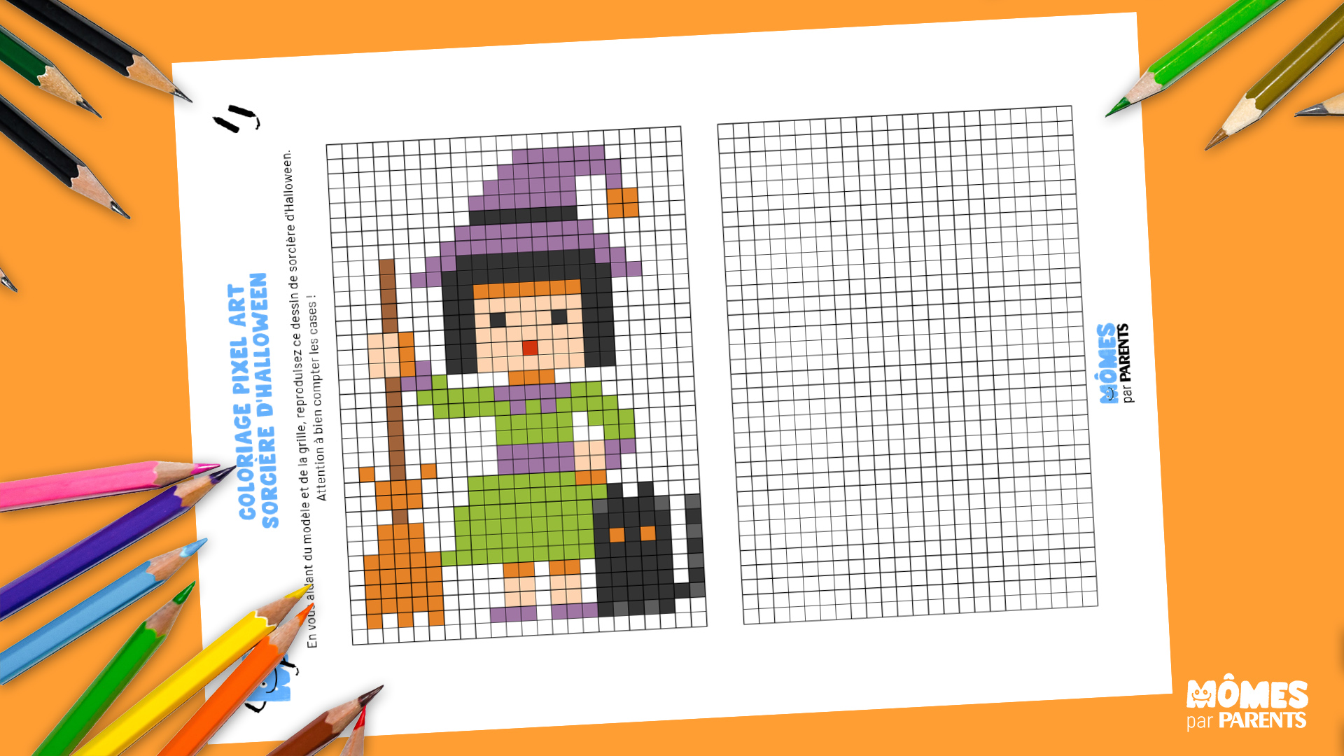 Coloriage d'halloween à imprimer - Pixel art de Sorcière | MOMES