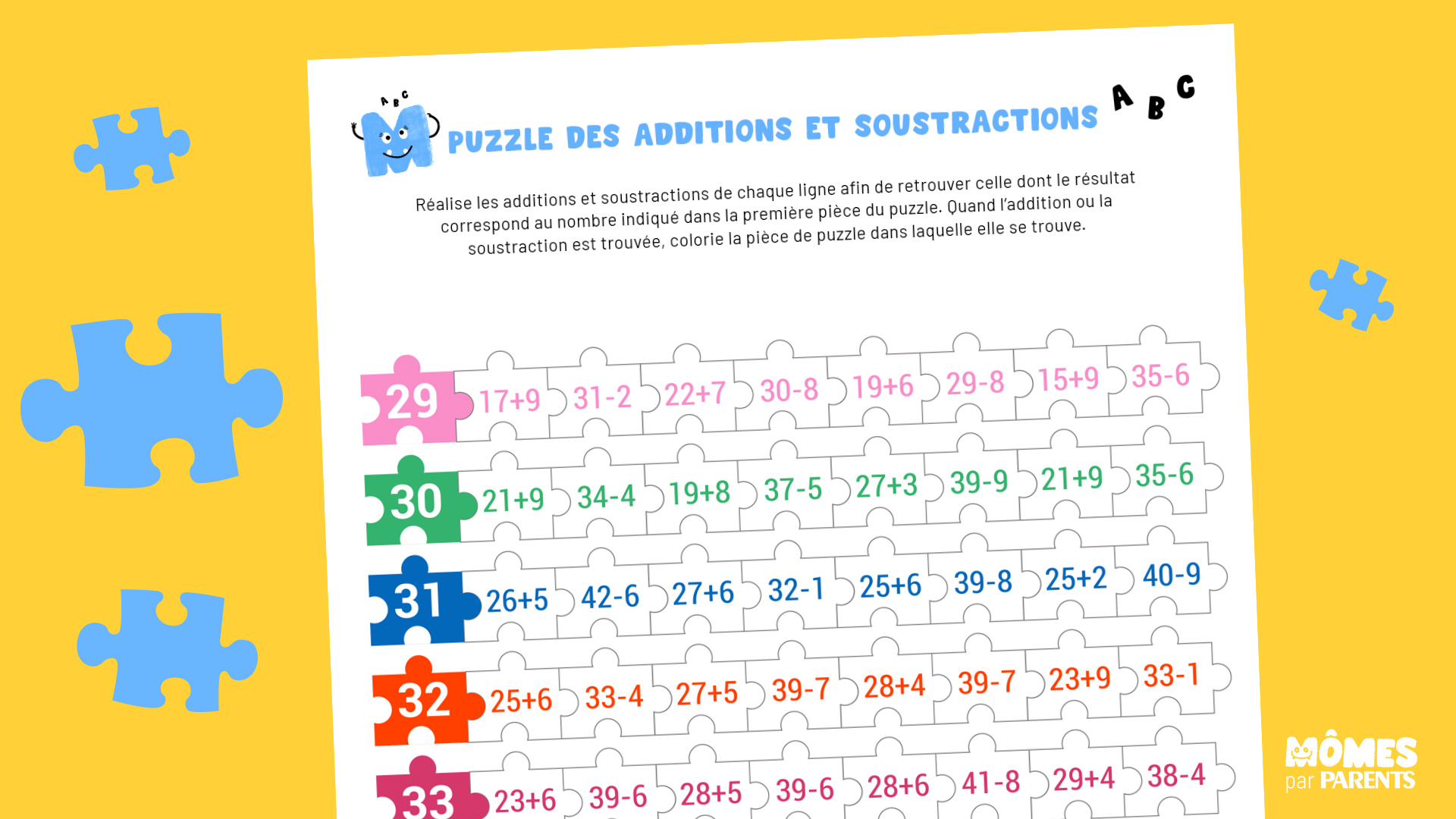 Fiche d'exercice additions et soustractions à imprimer | MOMES