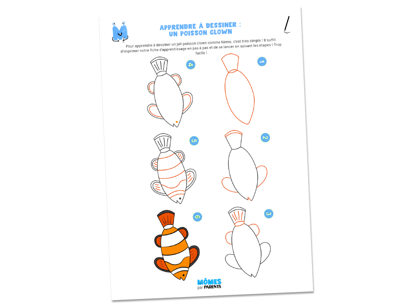 Apprendre à dessiner un poisson clown en pas à pas | MOMES